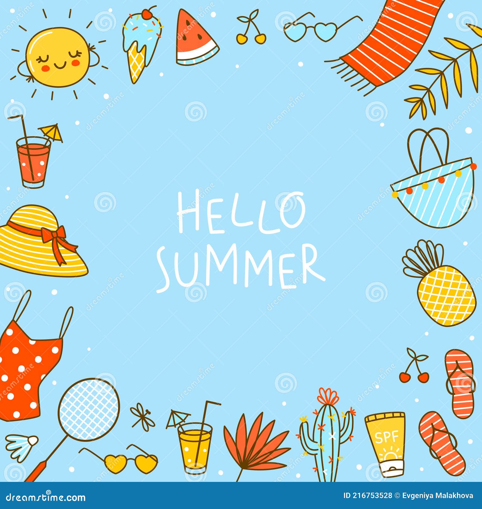 Frame Background with Cute Summer Items on Blue - Cartoon Objects for ...