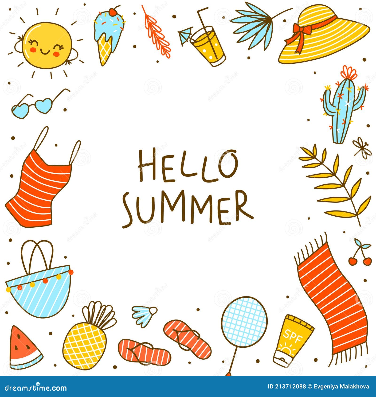 Frame Background with Cute Summer Items Isolated on White - Cartoon ...