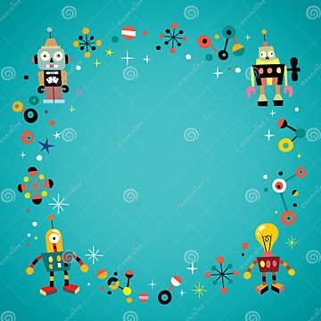 Frame Border with Retro Robots Stock Vector - Illustration of space ...