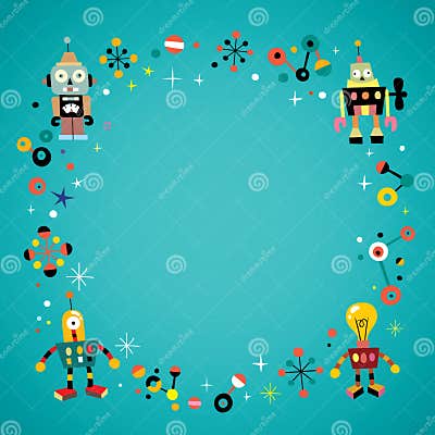 Frame Border with Retro Robots Stock Vector - Illustration of space ...