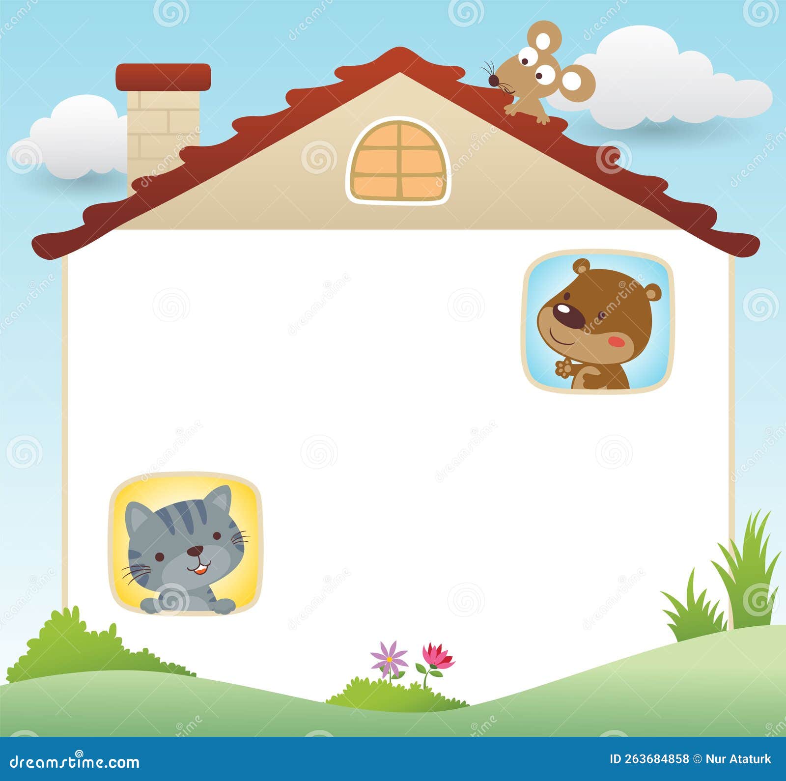 Frame Border Template in White House Shape. Bear and Cat at the Windows ...