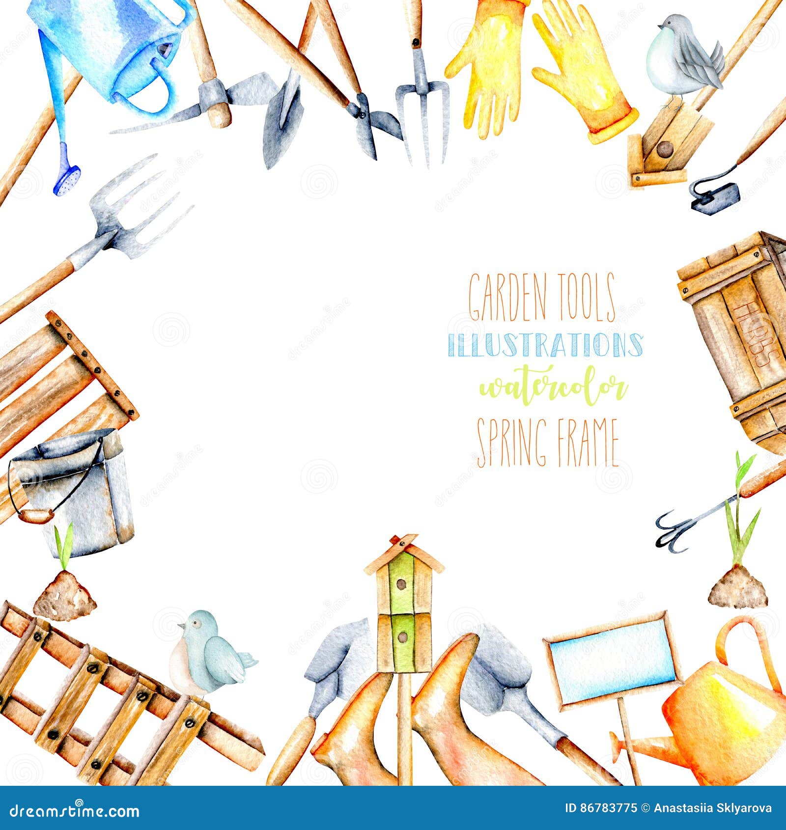 Frame Border With Watercolor Objects Of Garden Tools Royalty-Free Stock ...