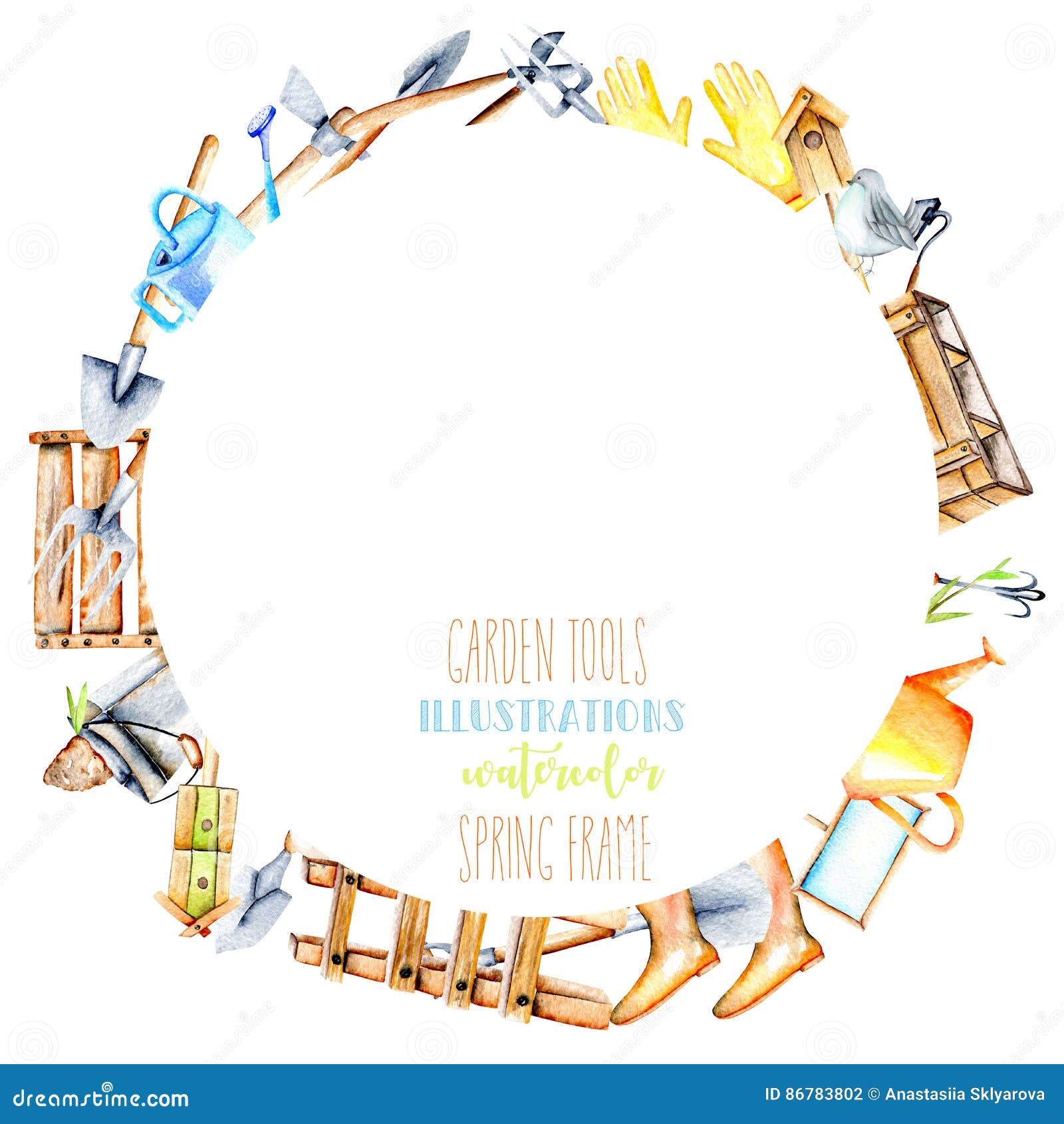 Frame Border with Watercolor Objects of Garden Tools Stock Illustration ...