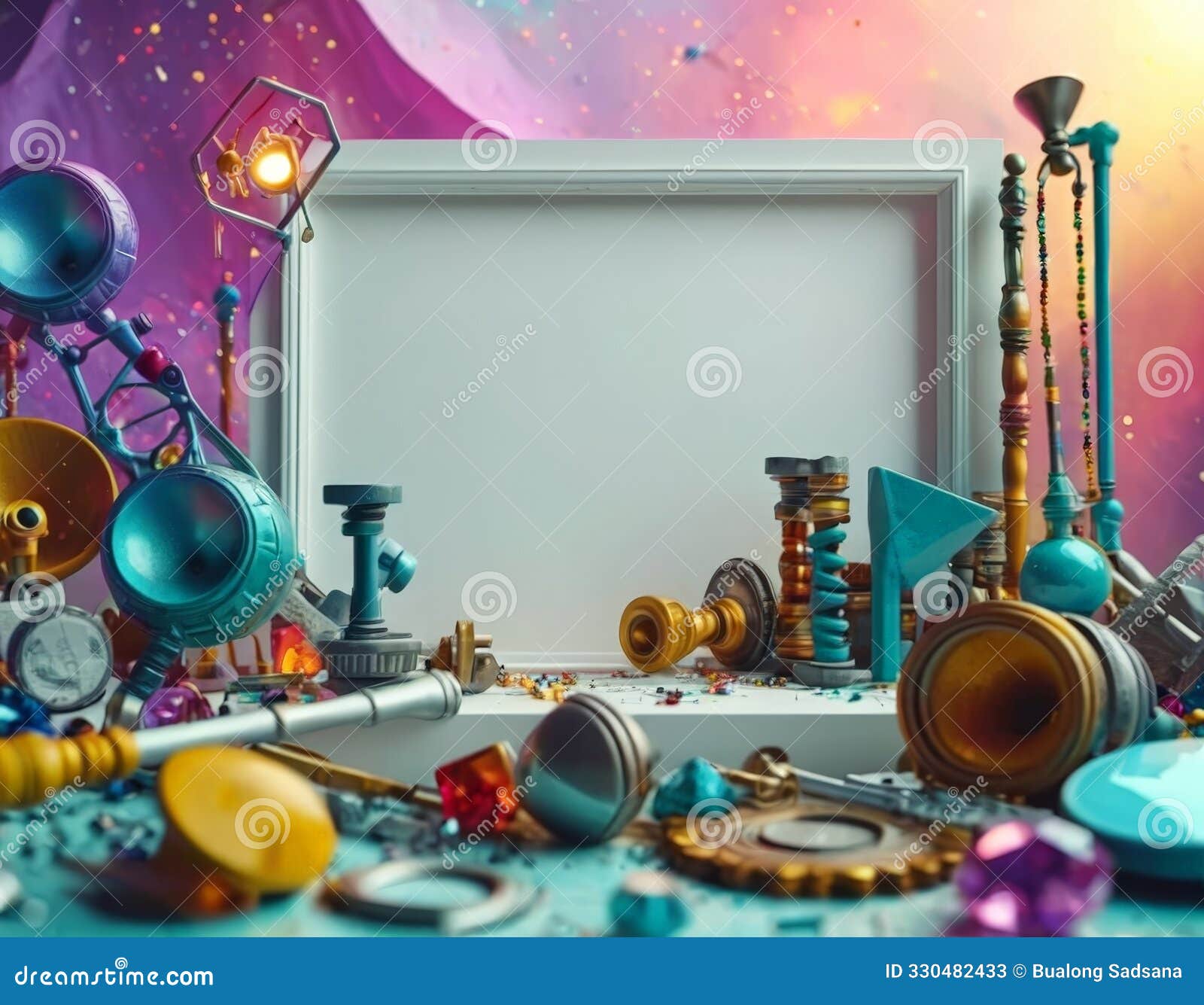 Frame with Bunch Different Objects and Blank Sign Stock Illustration ...