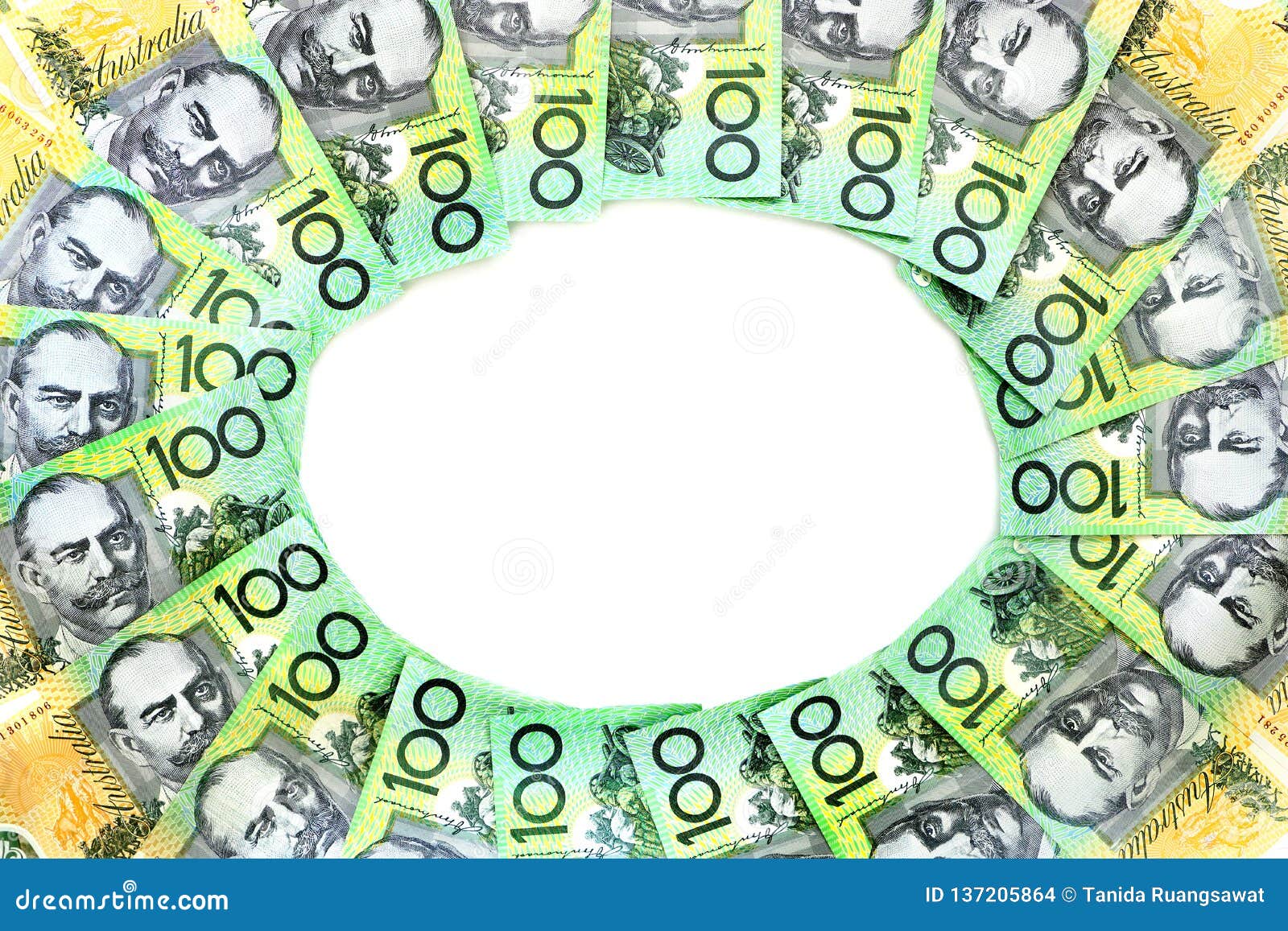 Frame Circle of 100 Dollar Australian Notes Group on White Background ...