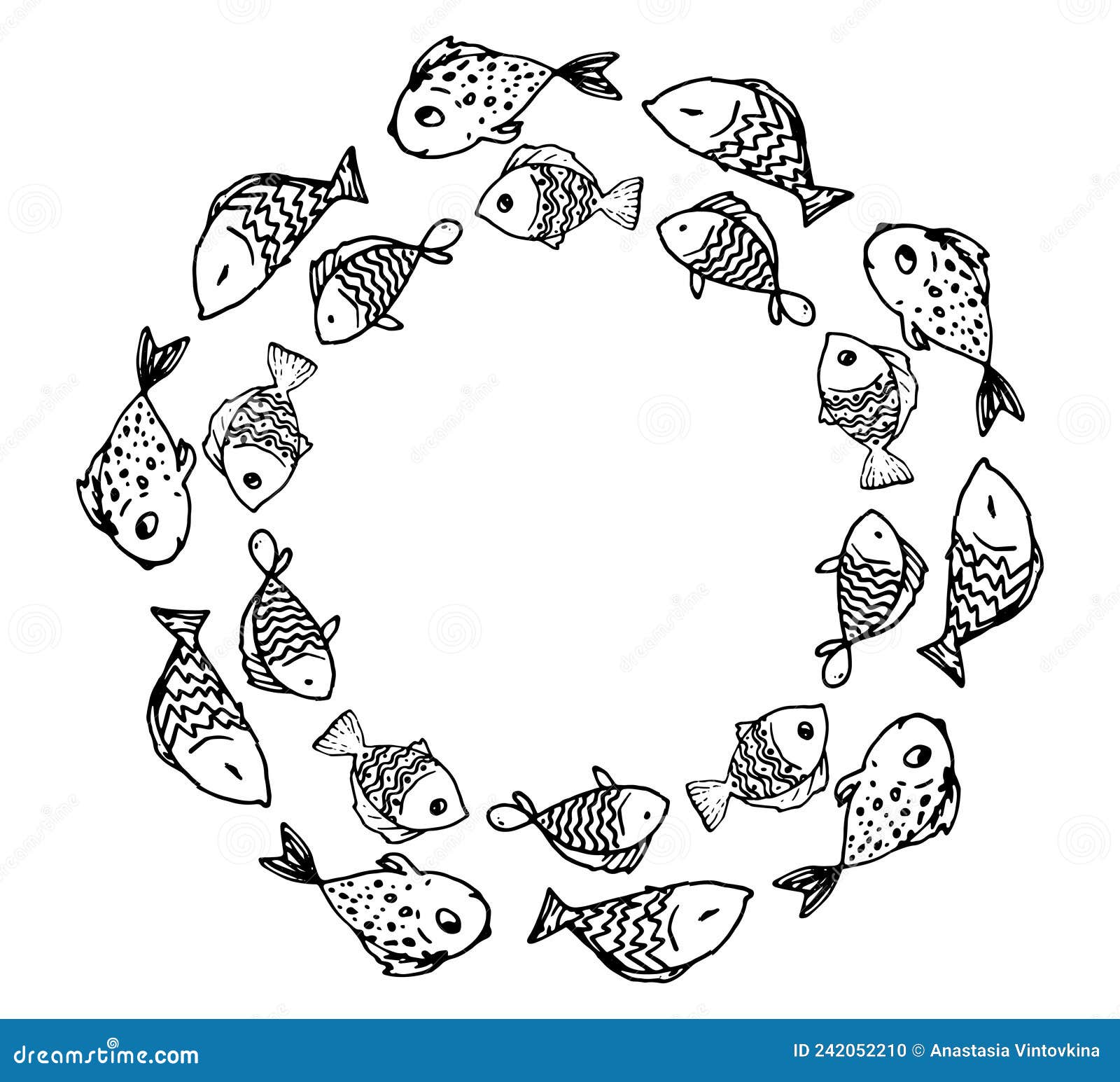 The Frame is Circular of Fish. Vector Doodle Fish Template with a ...