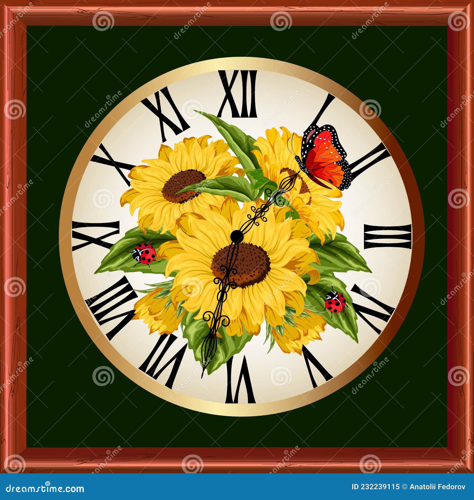 Frame with a Clock and Flowers. Stock Vector - Illustration of ...