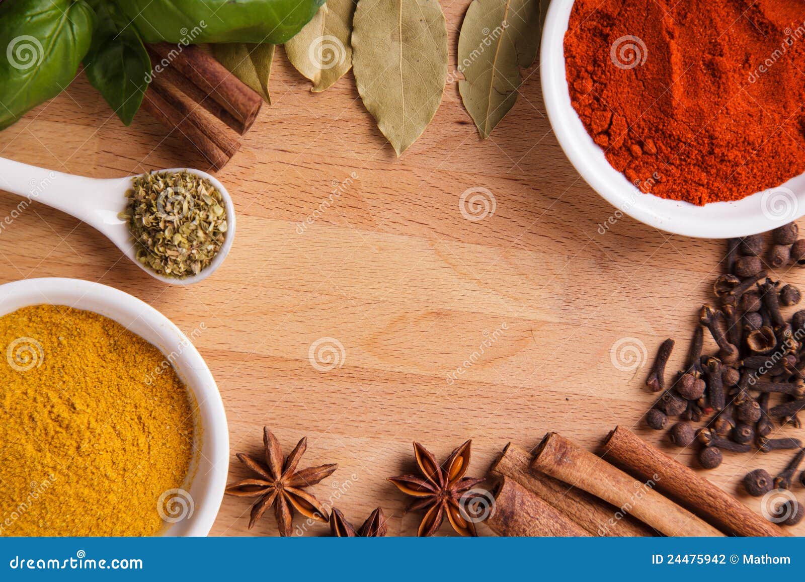 Frame Composition of Spices on Wood Stock Photo - Image of sticks, leaf ...