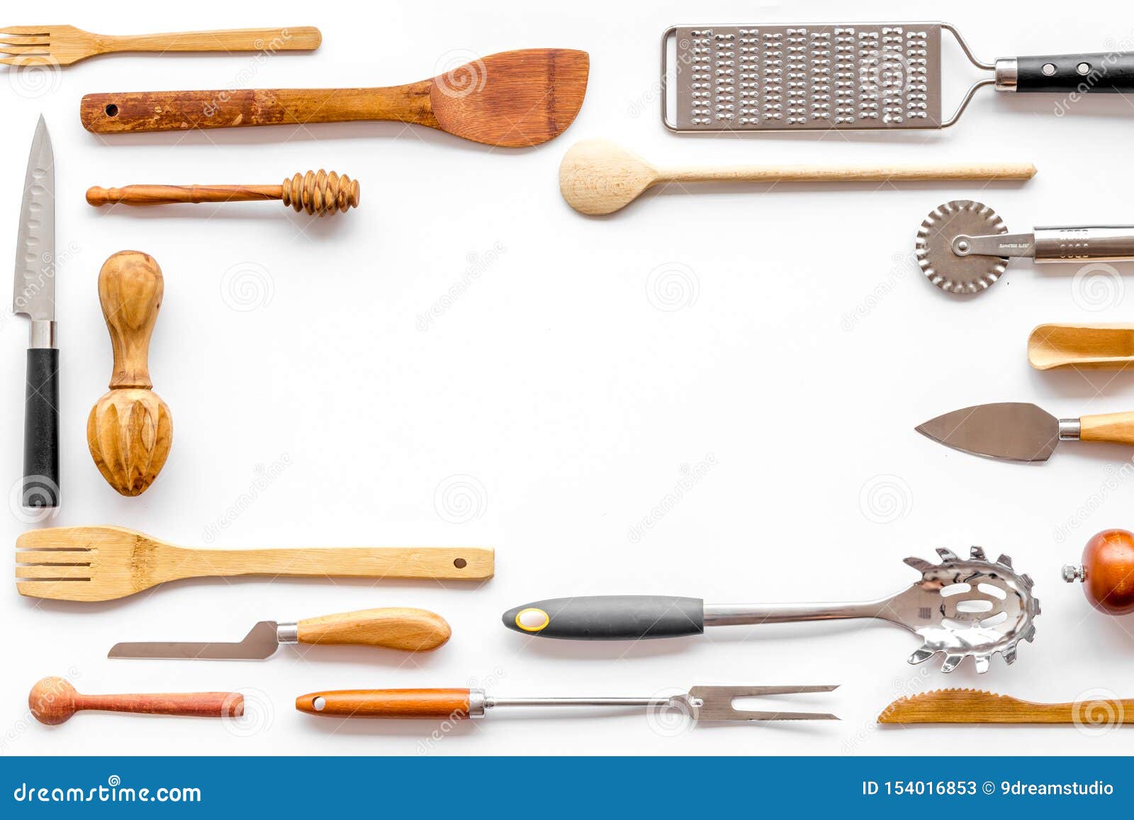 Frame of Cookware for Chef Work on White Background Top View Space for ...