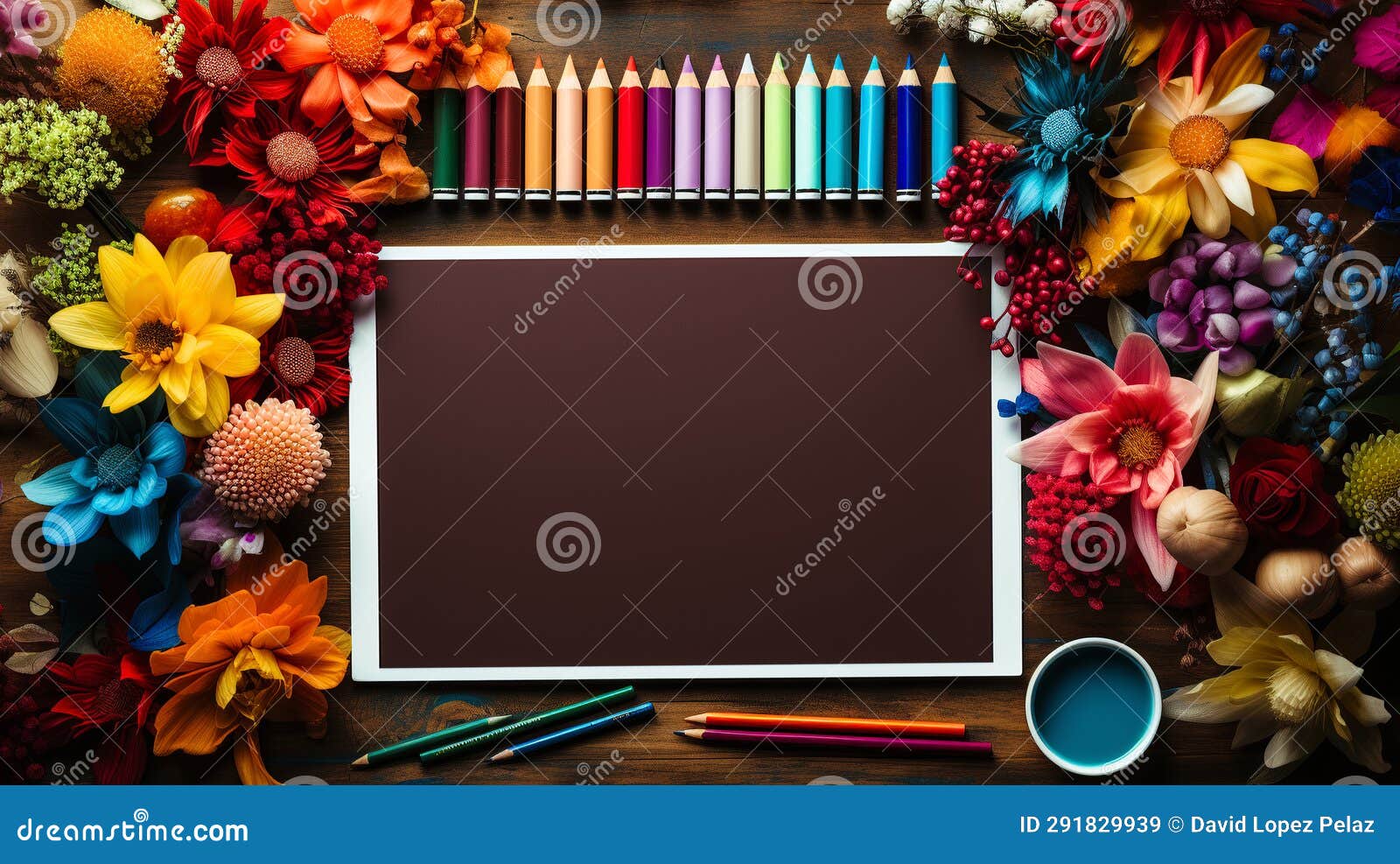 Frame for Copy Space Surrounded by Flowers and Colored Pencils ...