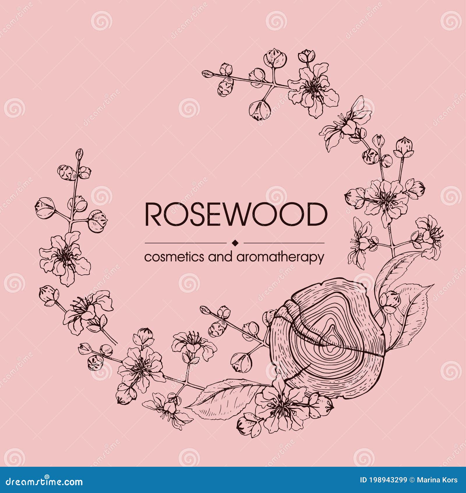 Frame With Cut Of A Rosewood And Twigs With Flowers And Buds Detailed Hand Drawn Sketches