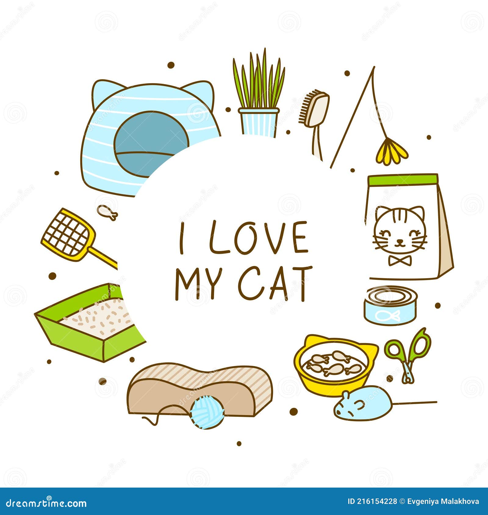 Frame with of Cute Cat Items Isolated on White - Cartoon Objects for ...