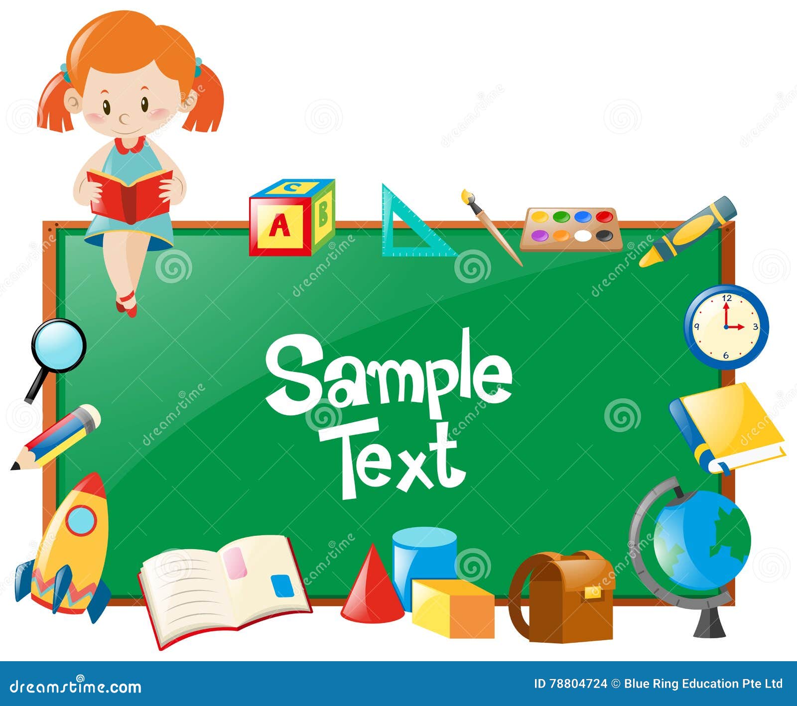 Frame Design with Girl Reading Book and School Objects Stock ...