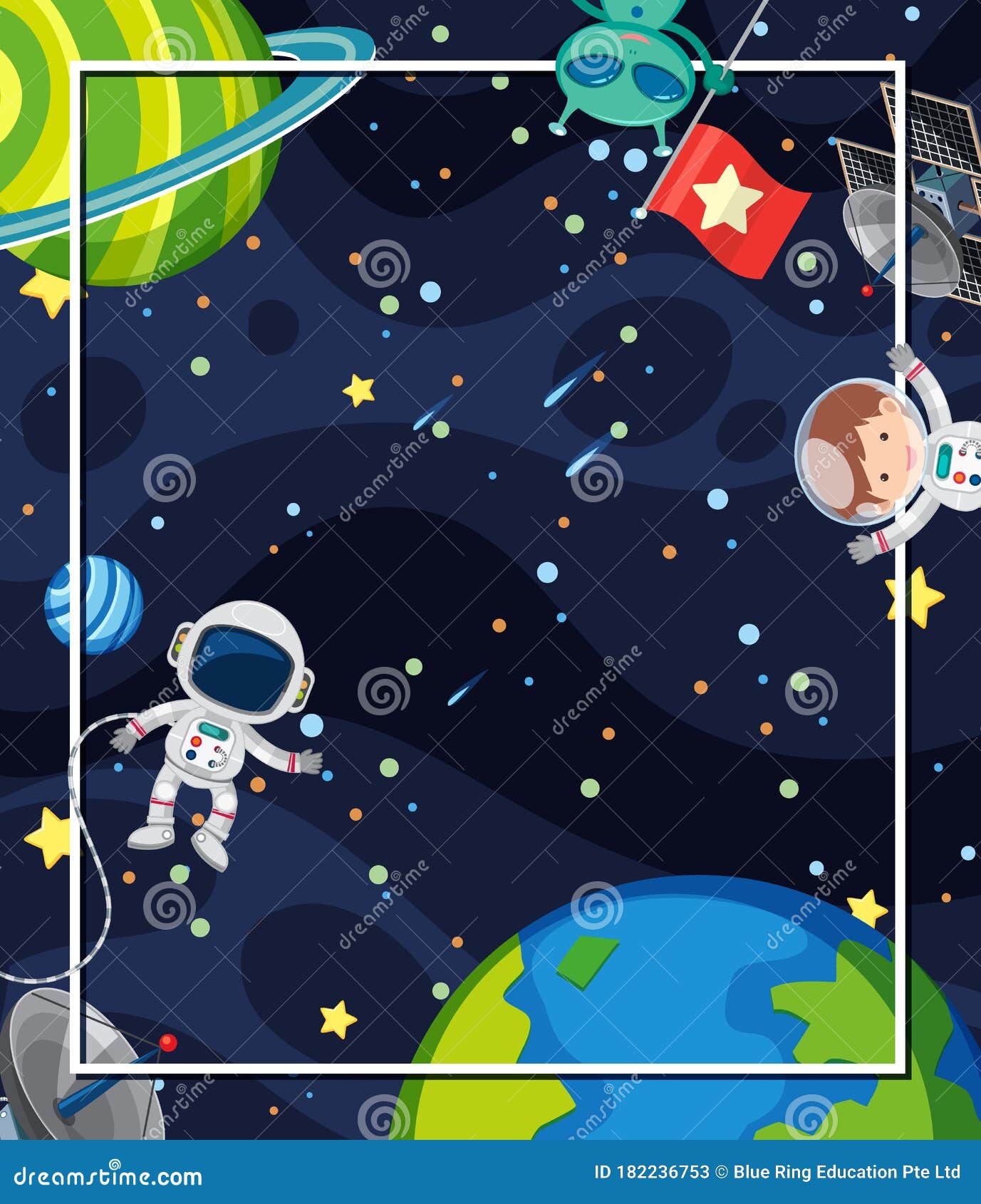 Frame Design with Many Planets and Astronauts in Space Stock Vector ...