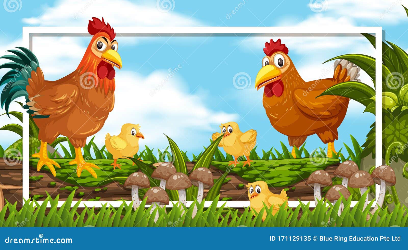 Frame Design with Rooster and Little Chicks on the Log Stock ...