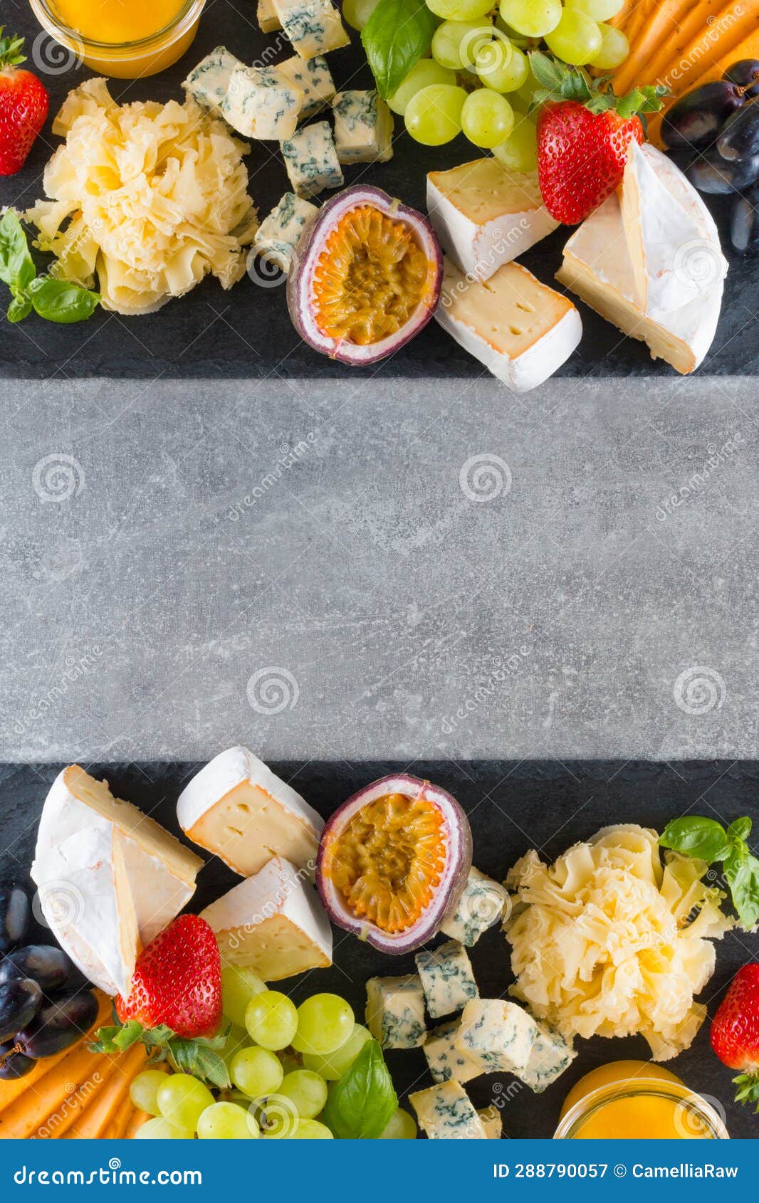 Frame of Different Cheese Appetizer with Fruits and Sauces on Black ...
