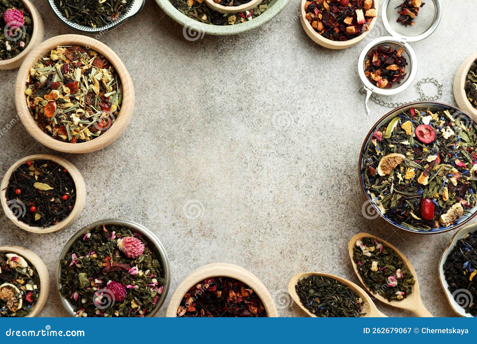 Frame of Different Herbal Teas on Grey Table, Flat Lay. Space for Text ...
