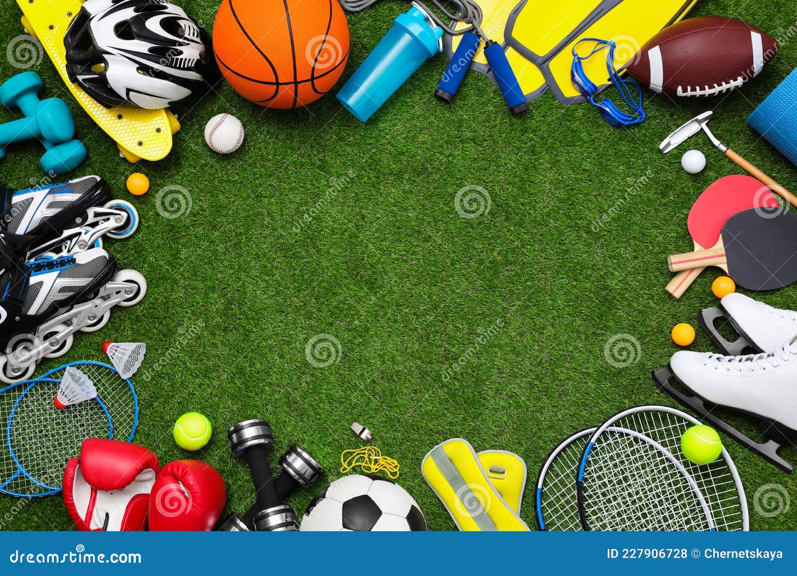 Frame of Different Sport Equipment on Green Grass, Flat Lay. Space for ...