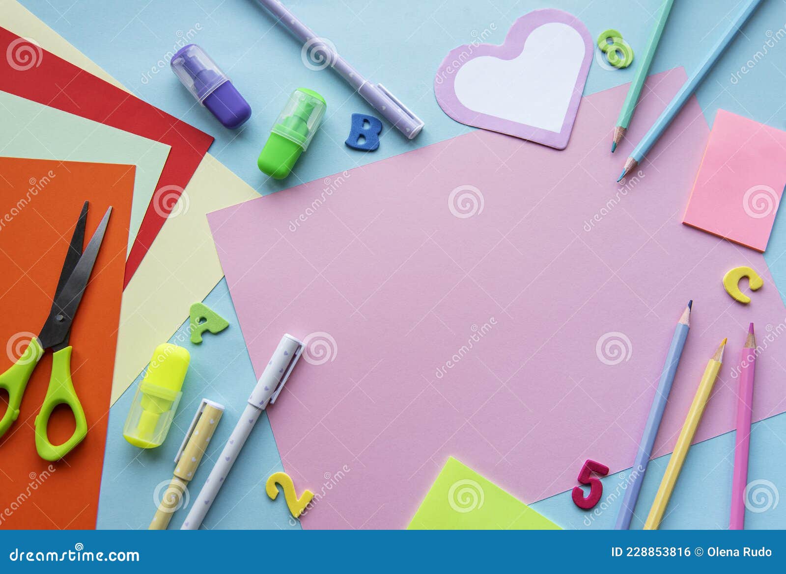 Frame of Different Stationery on Blue Background Stock Photo - Image of ...