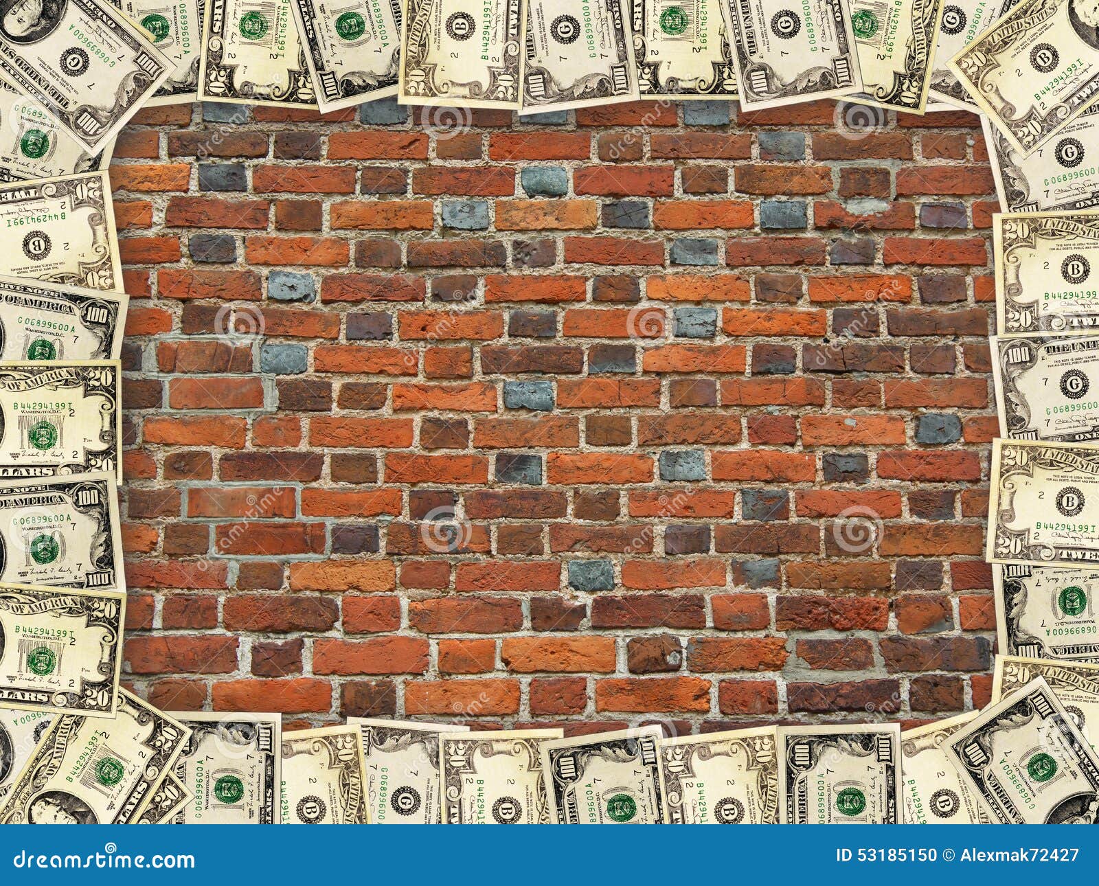 Frame from Dollars on the Red Brick Wall Stock Photo - Image of blotch ...
