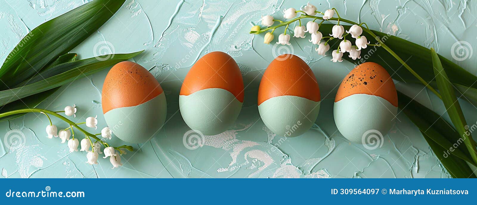 Frame with Easter Eggs and Lily of the Valley Flowers on Pastel Blue ...