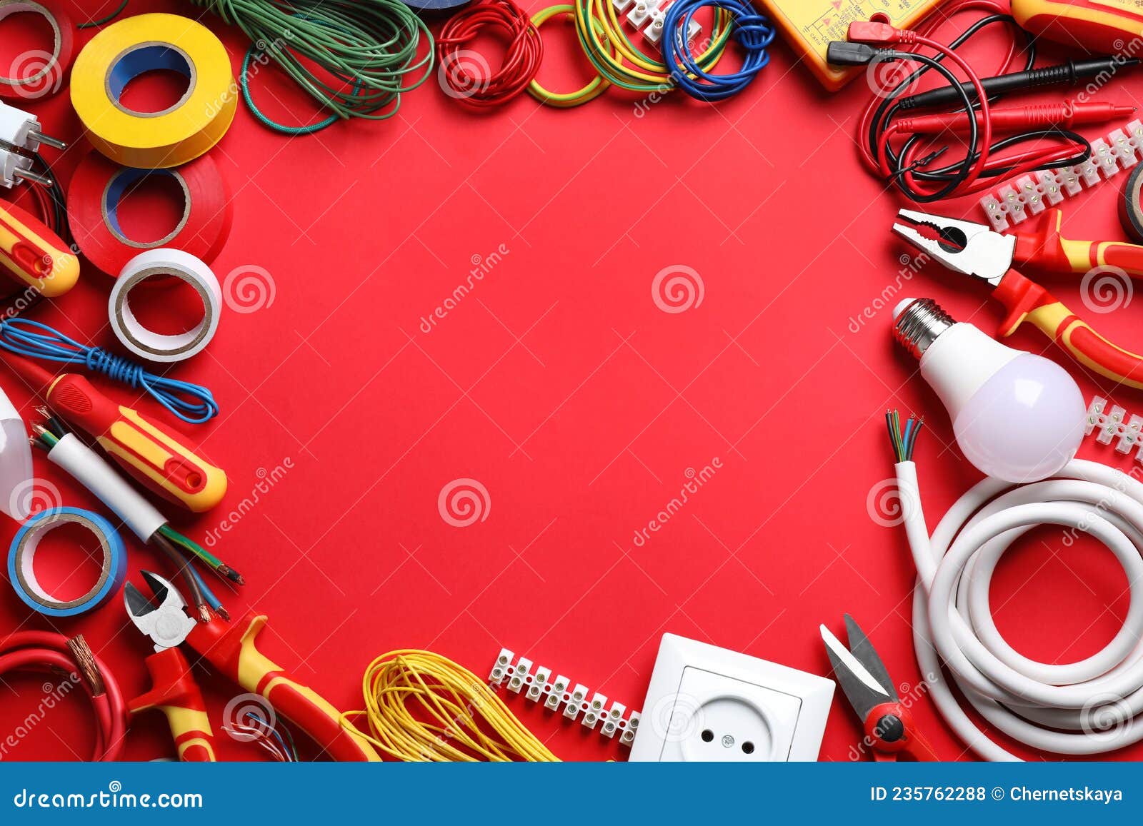 Frame of Electrician`s Tools and Accessories on Red Background, Flat ...