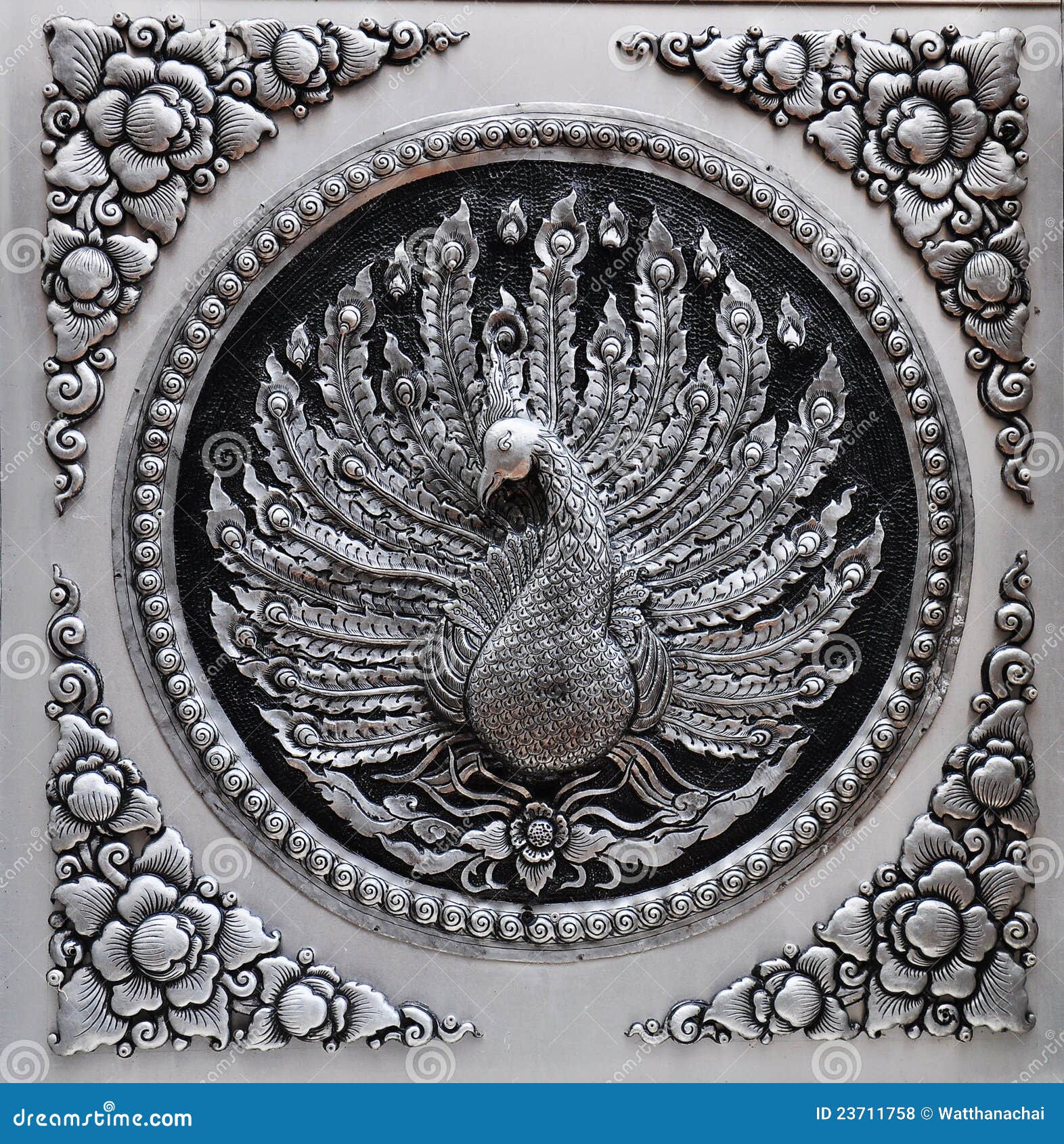 Frame Engraving Silver Lacquer Plate Show Peacock Stock Photo - Image ...