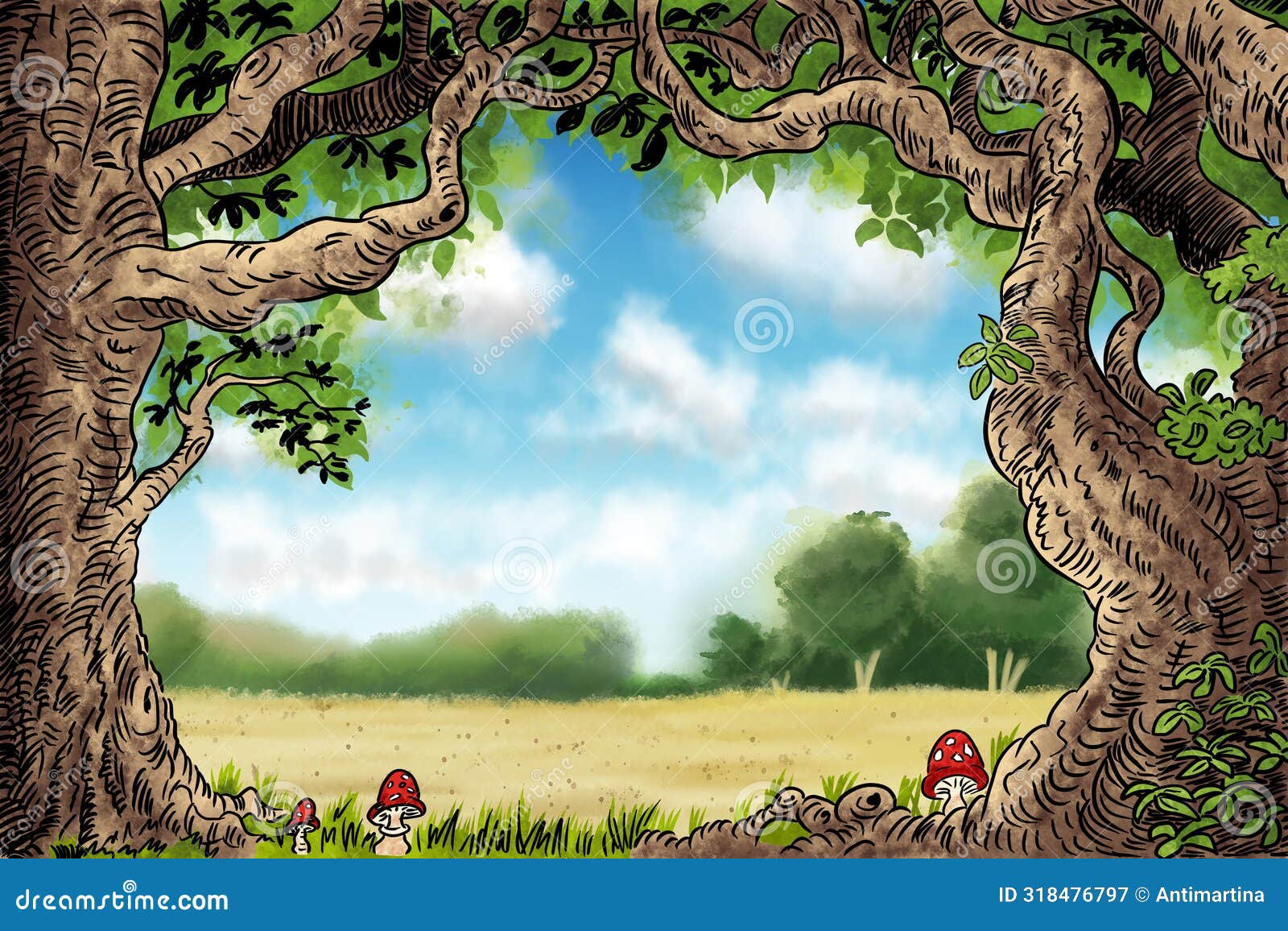 Frame Formed by Cartoon Trees for Copy Space with Landscape Stock ...