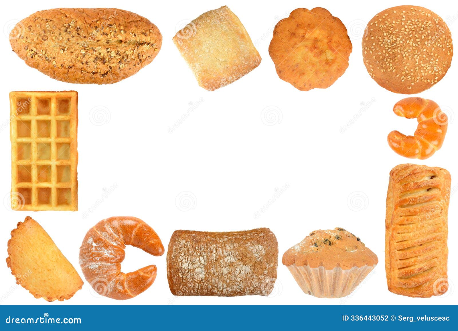 Frame of Fresh, Bright Photos of Bread Products Isolated on White Stock ...