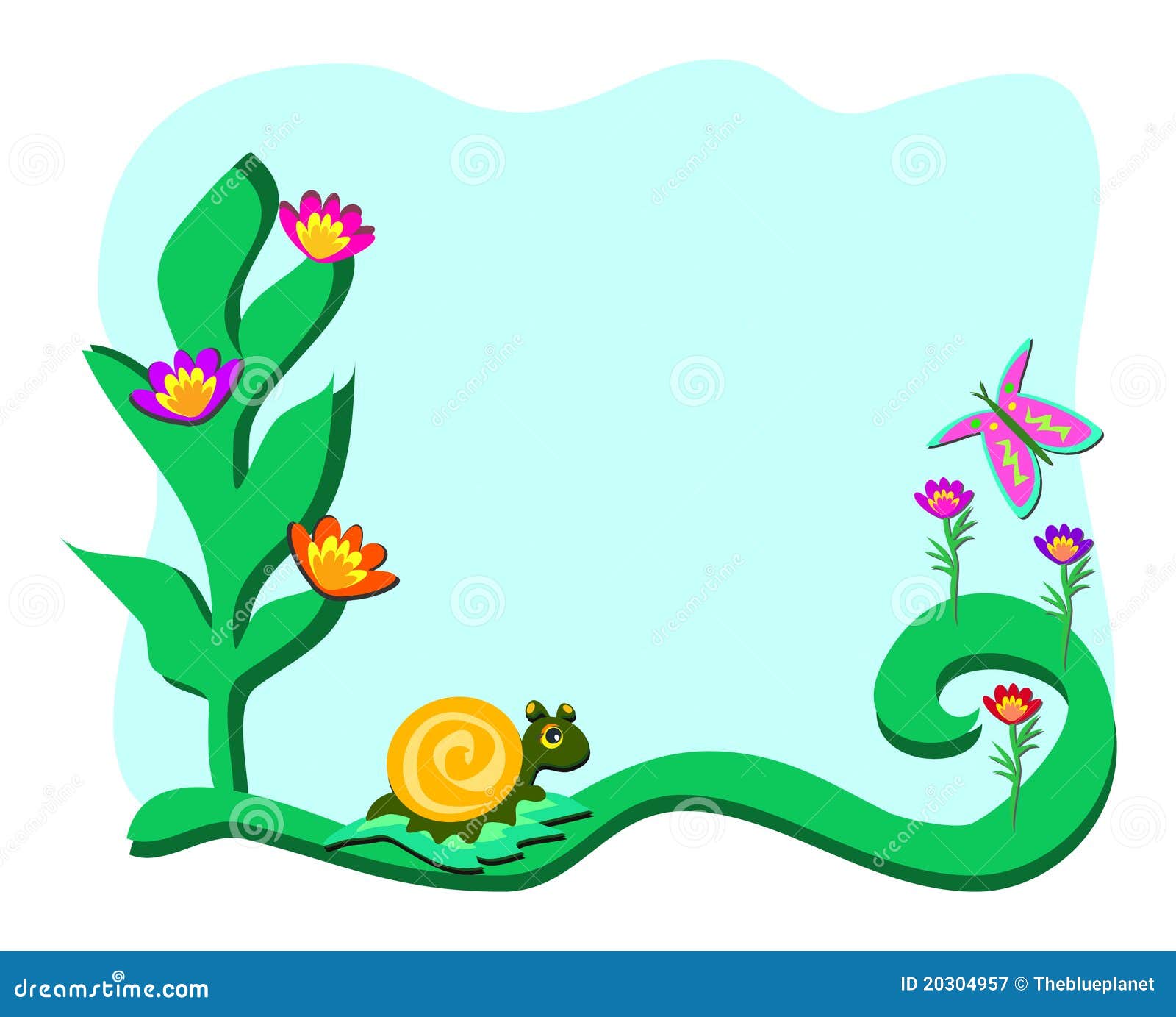 Frame with Garden with Snail and Butterfly Stock Vector - Illustration ...