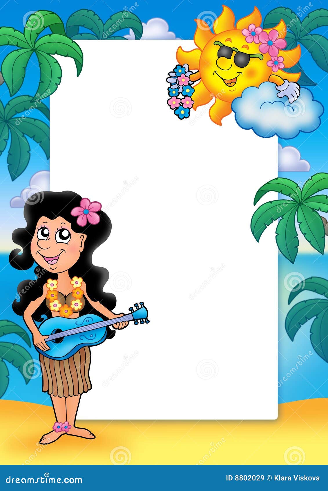 Hawaiian Girl In Traditional Costume Playing Ukulele Vector ...