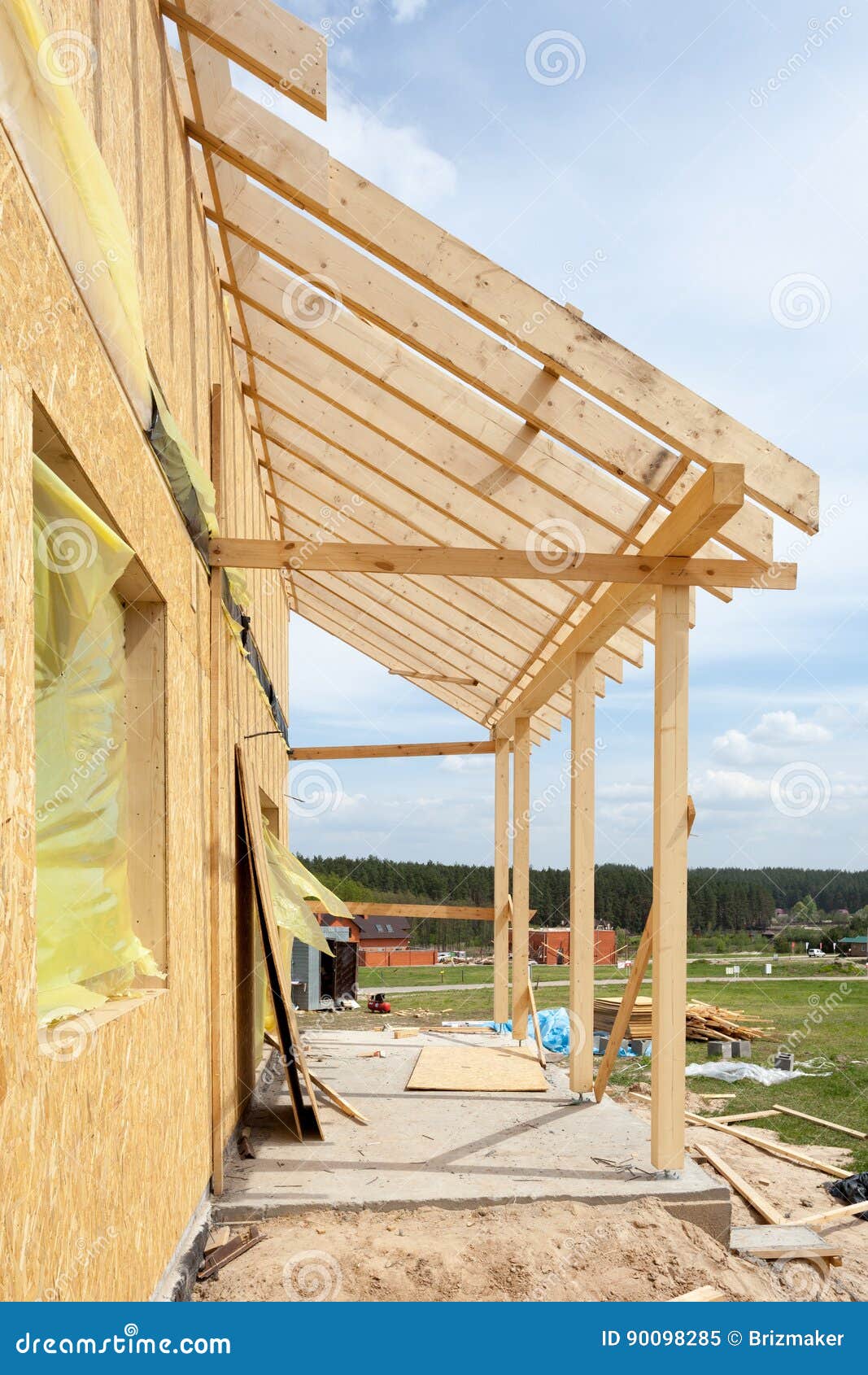 Frame House Construction. Building a Terrace. Stock Image - Image of ...