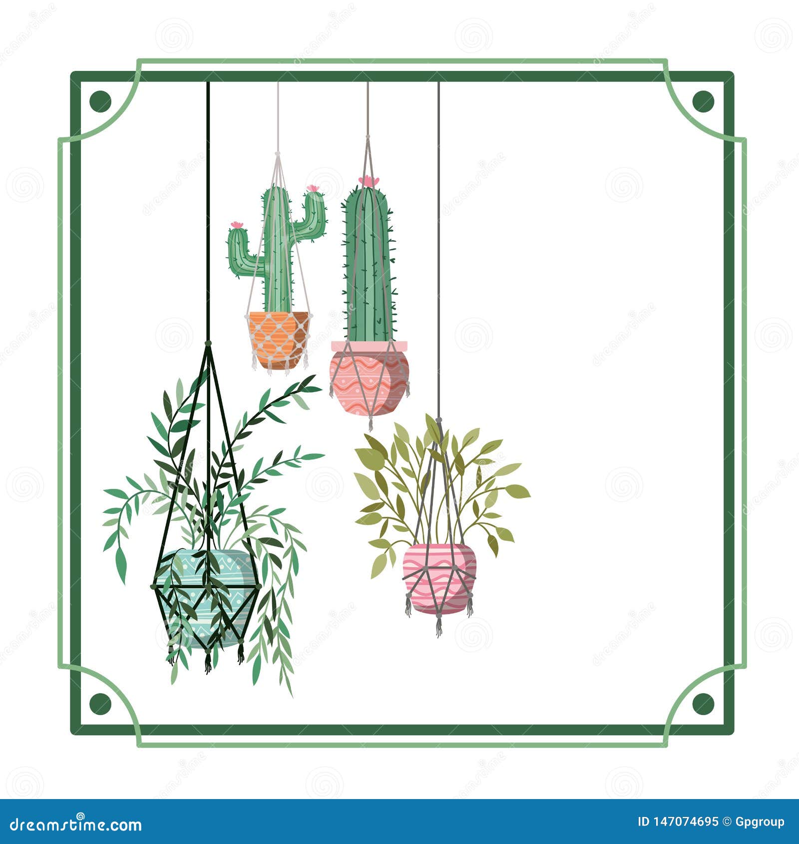 Frame With Houseplants On Macrame Hangers Cartoon Vector ...