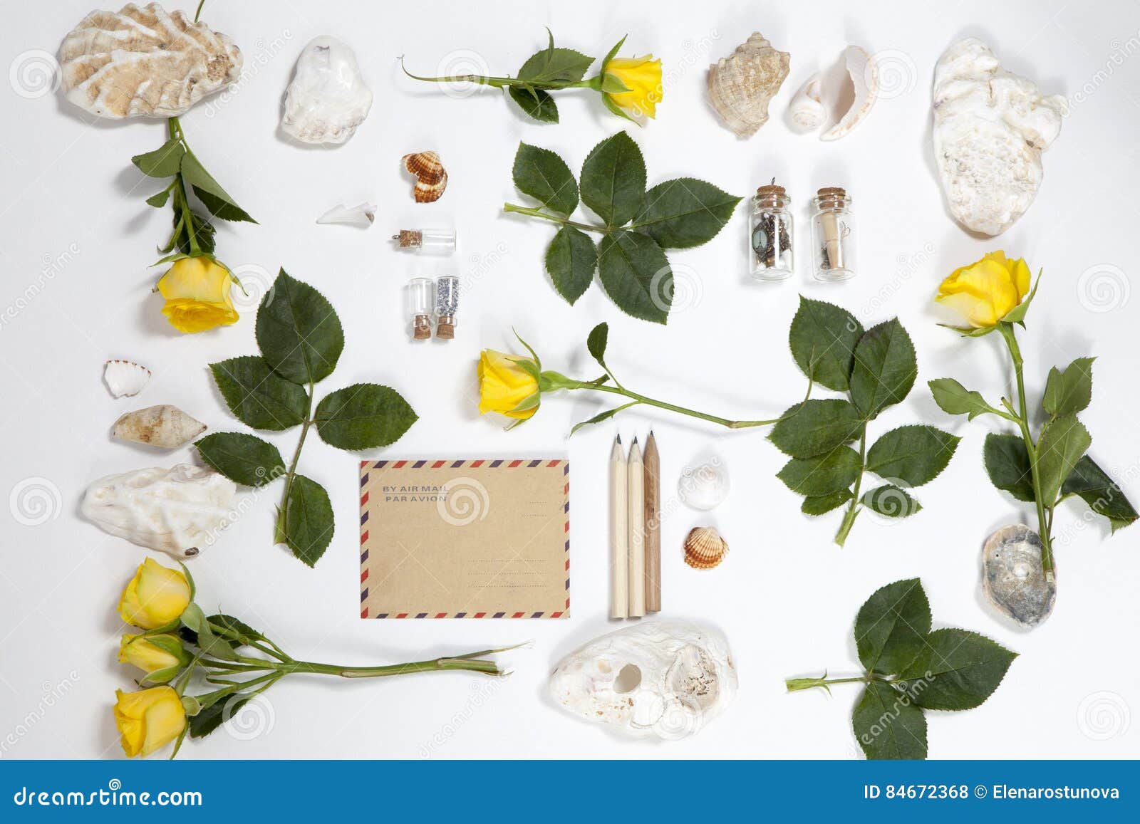 Frame from the Leaves of Roses and Shells on White Background. Memory ...