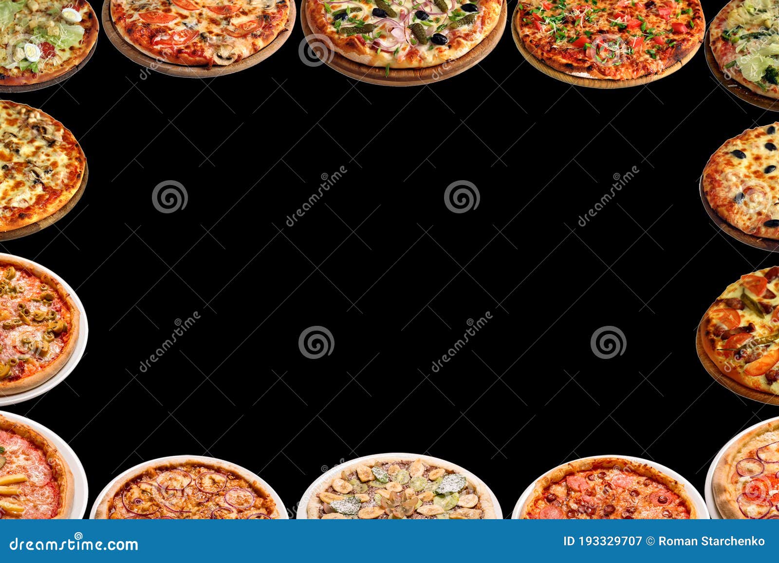 Frame for Lettering and Design from a Set of Pizzas Isolated on a Black ...