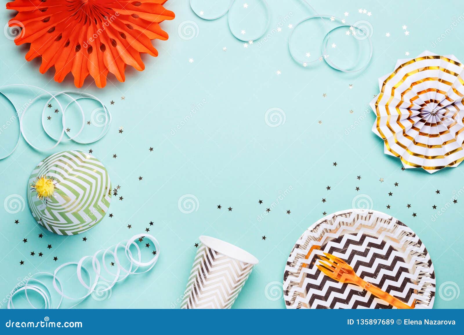 Frame Made from Accessories for Party in Gold on Turquoise Background ...