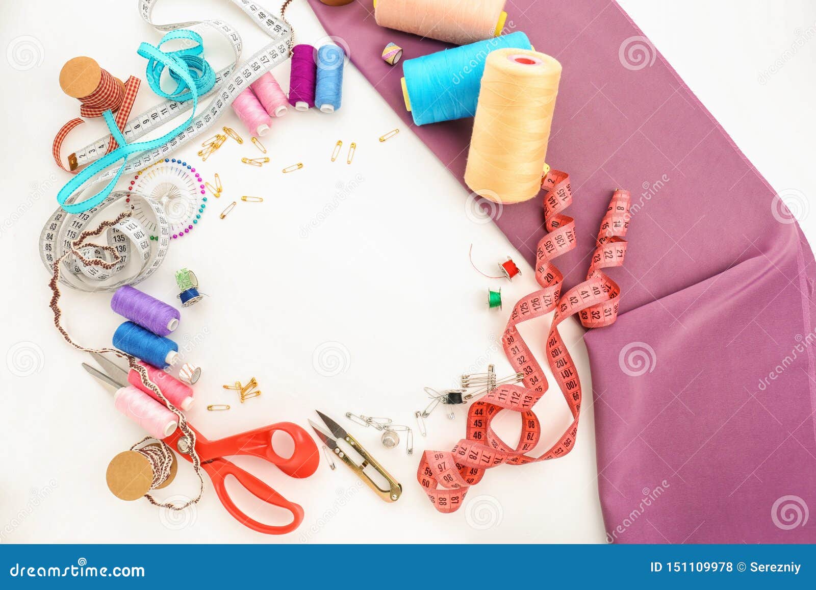 Frame Made of Color Threads and Sewing Accessories on White Background ...