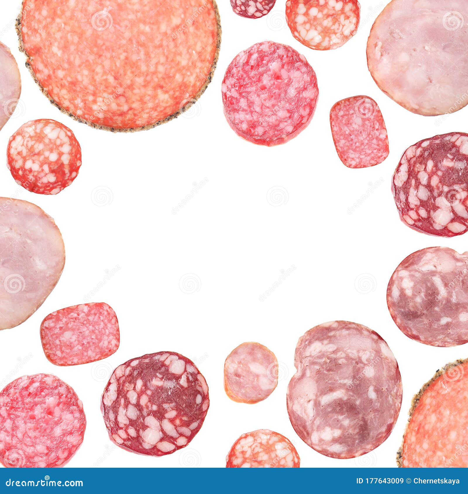 Frame Made of Cut Fresh Sausage on Background, Top View. Space for ...