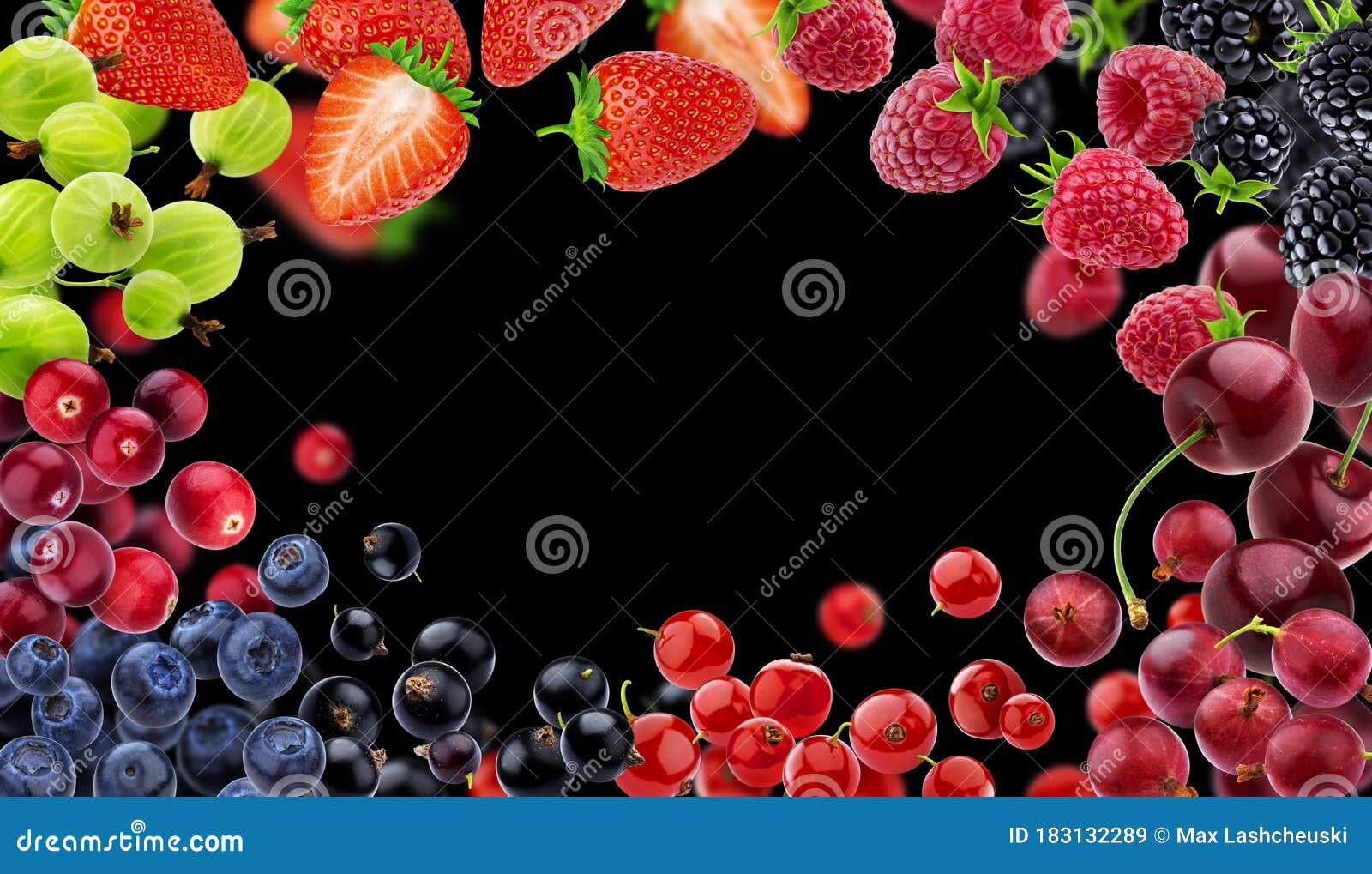 Frame Made of Different Flying Forest Berries on Black Background Stock ...