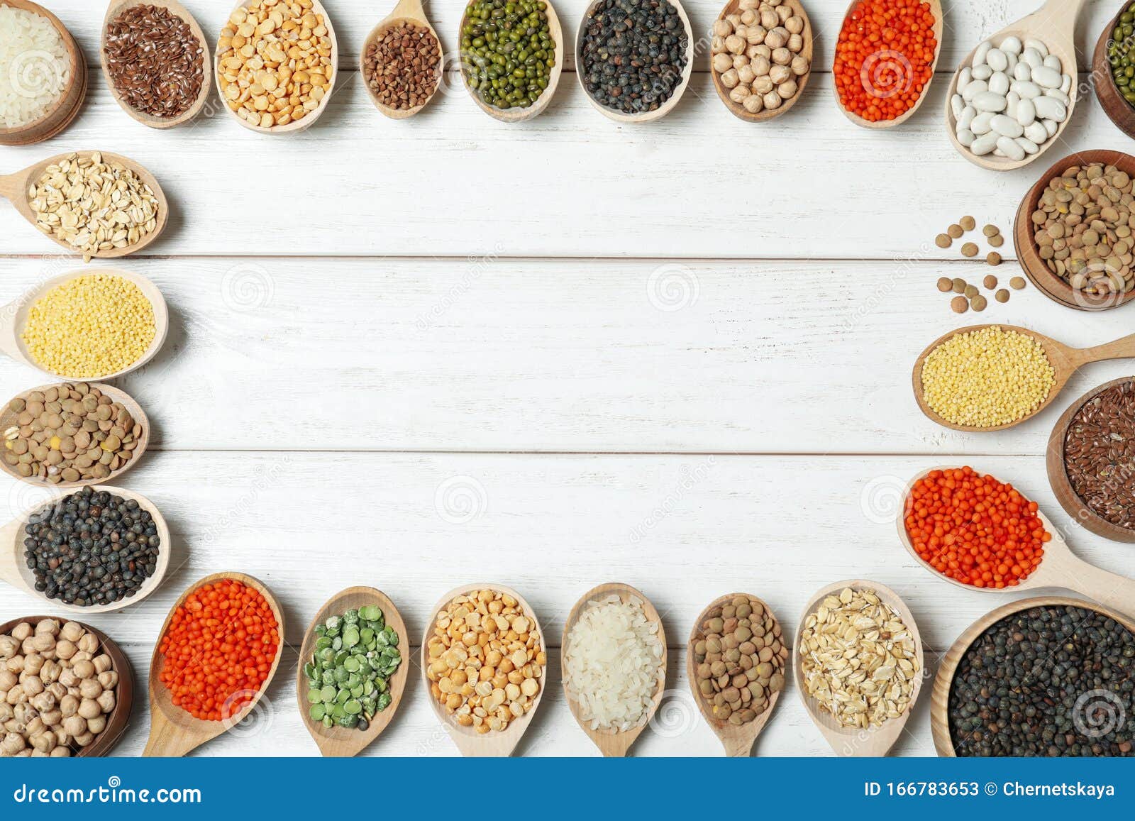 Frame Made with Different Grains and Cereals on Wooden Table, Top View ...