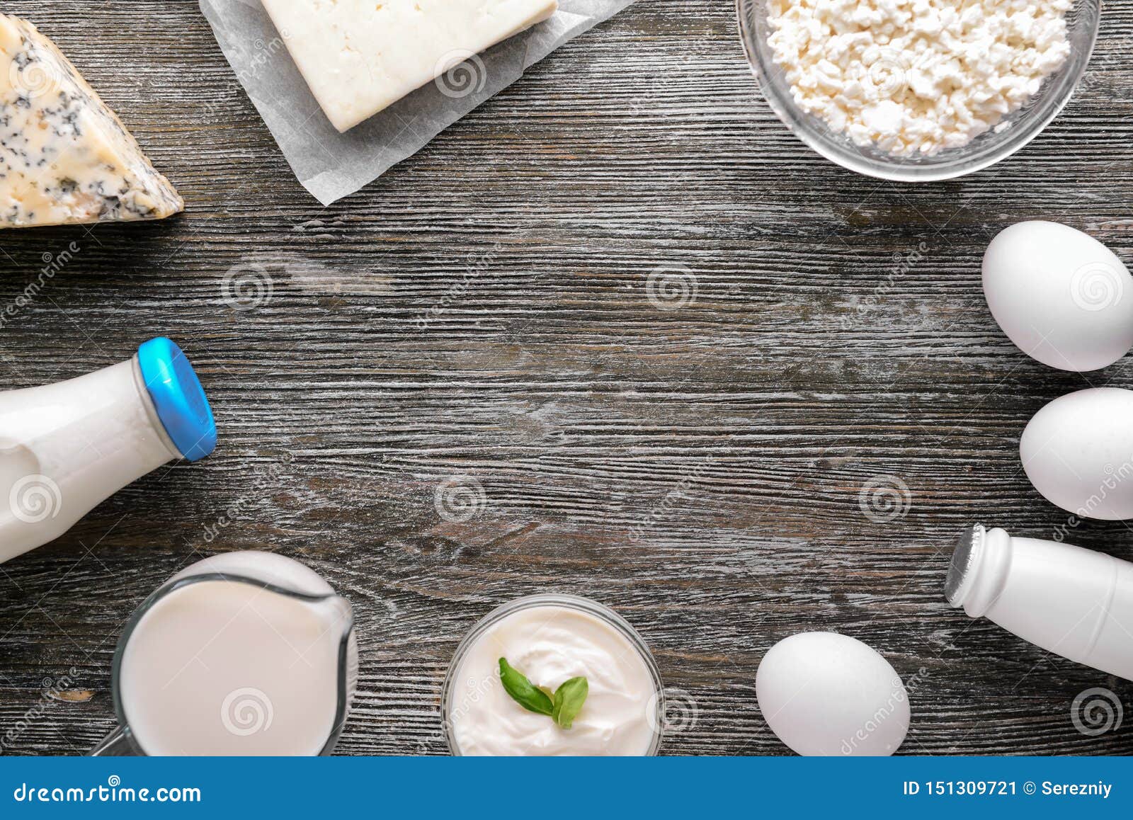Frame Made with Different Milk Products and Eggs on Wooden Table Stock ...
