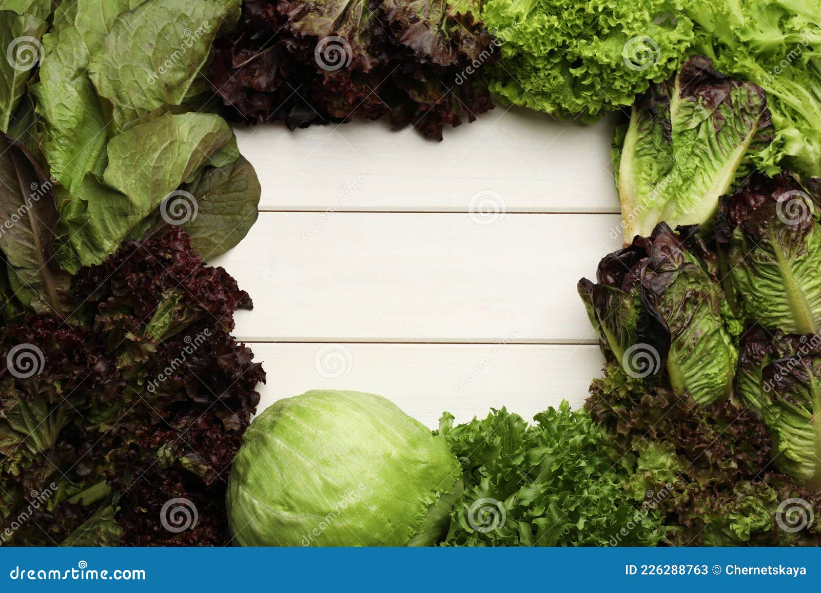 Frame Made with Different Sorts of Lettuce on White Wooden Table, Top ...
