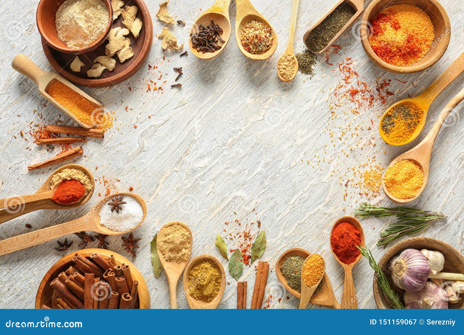 Frame Made of Different Spices on Light Textured Background Stock Image ...