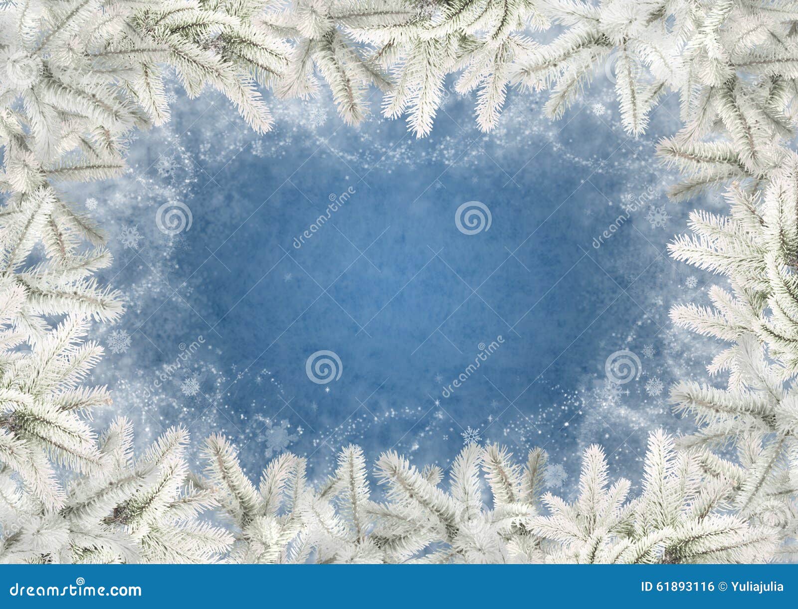 Frame Made of Fir Branches Coated with Frost on a Blue Background Stock ...