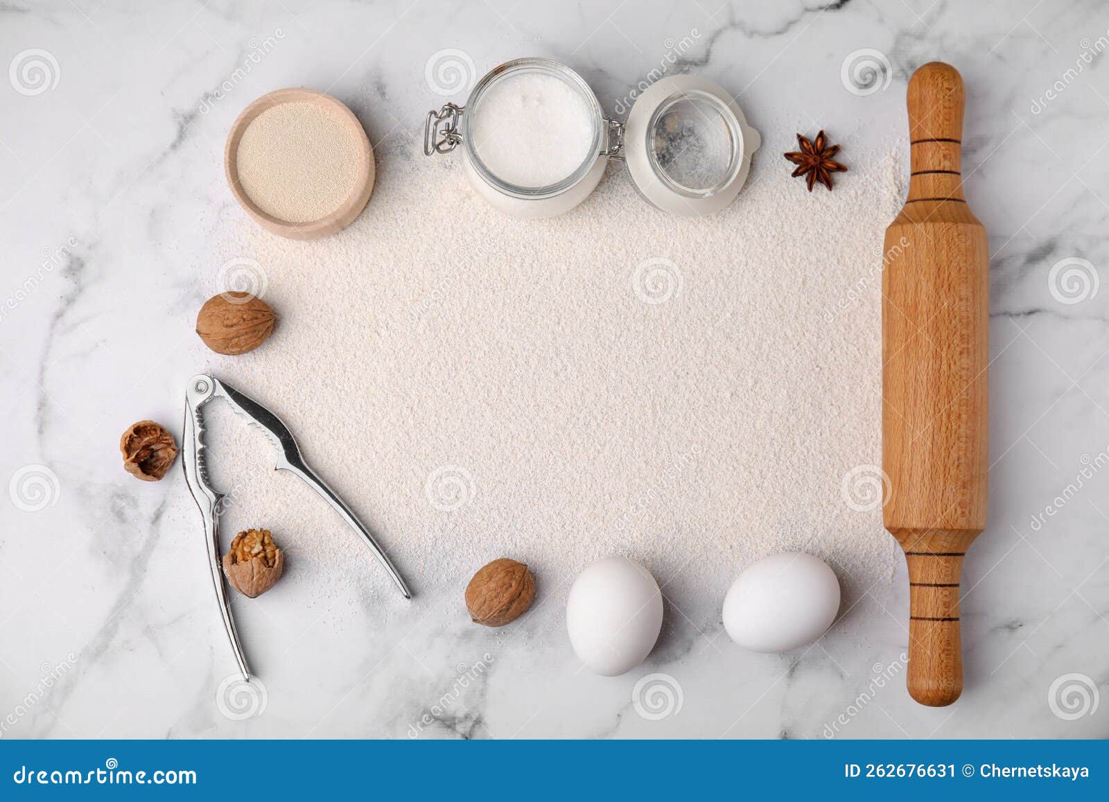 Frame Made of Flour and Ingredients on White Marble Table, Flat Lay ...