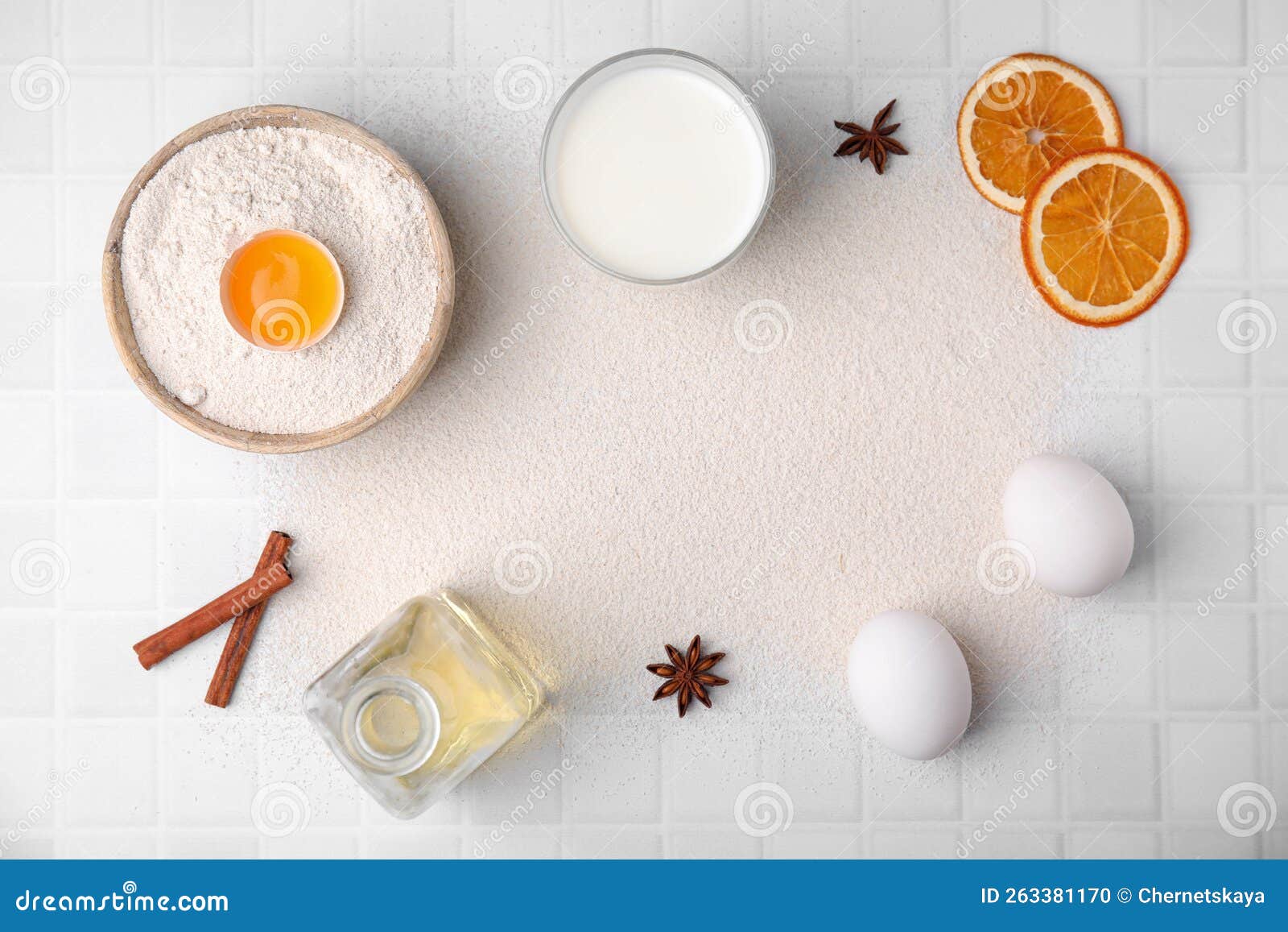 Frame Made of Flour and Ingredients on White Tiled Table, Flat Lay ...