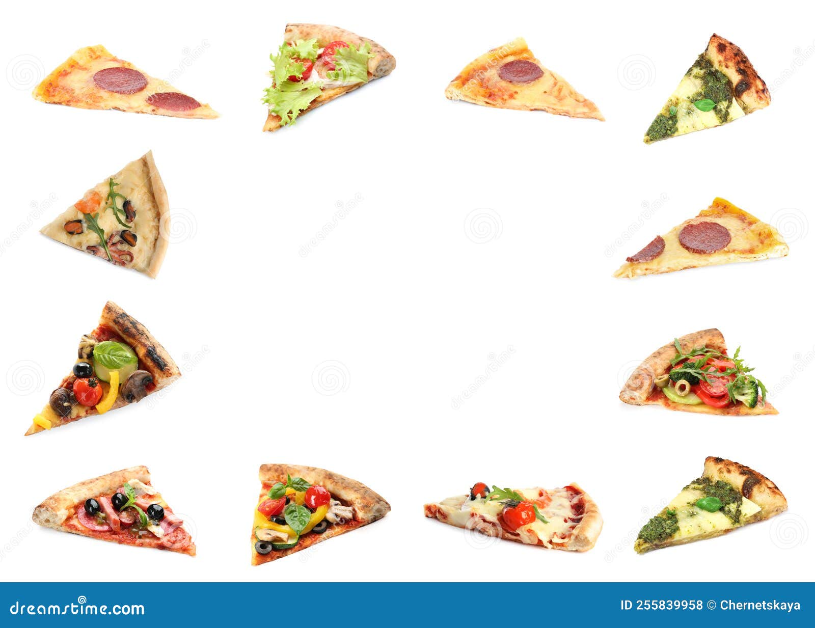 Frame Made from Slices of Different Pizzas on White Background Stock ...
