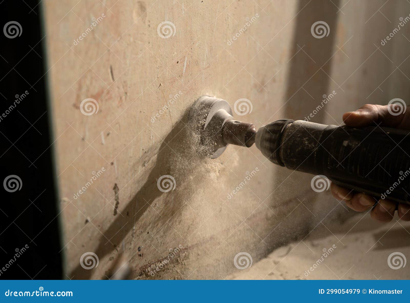 In the Frame, the Man is Doing Repairs in a Room Filled with Dust. he ...