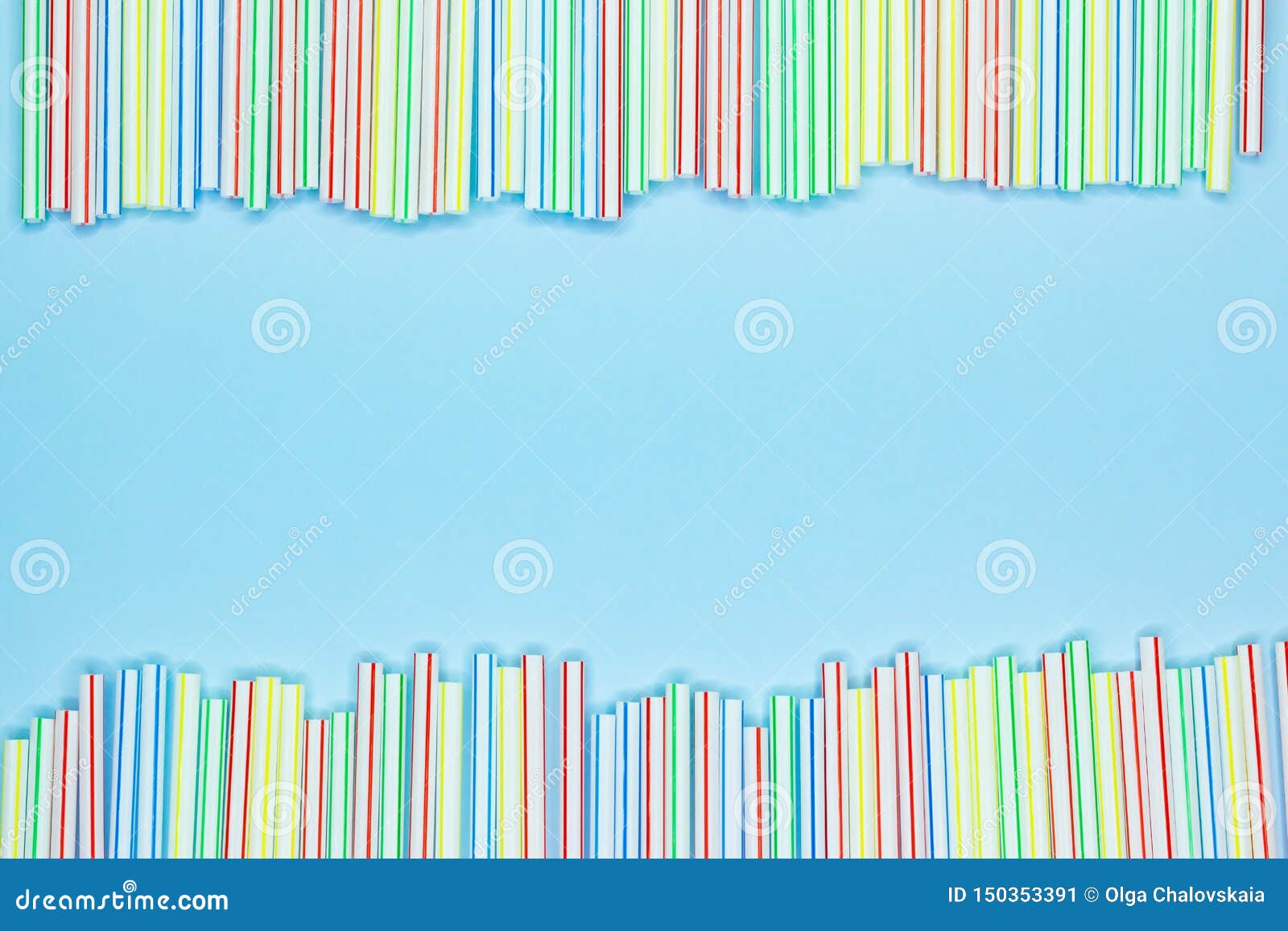 Frame of Multicolored Striped Plastic Straws on a Blue Background with ...