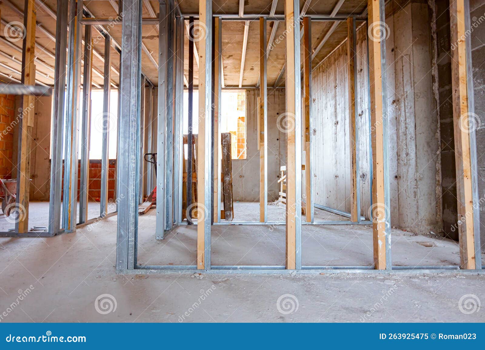 Frame for Plasterboard Wall, Mounted Vertical Metal and Wooden Profiles ...